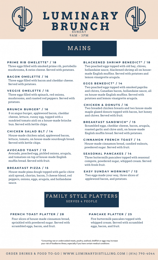 Distillery & Eatery Food Menus - Luminary Distilling, LLC