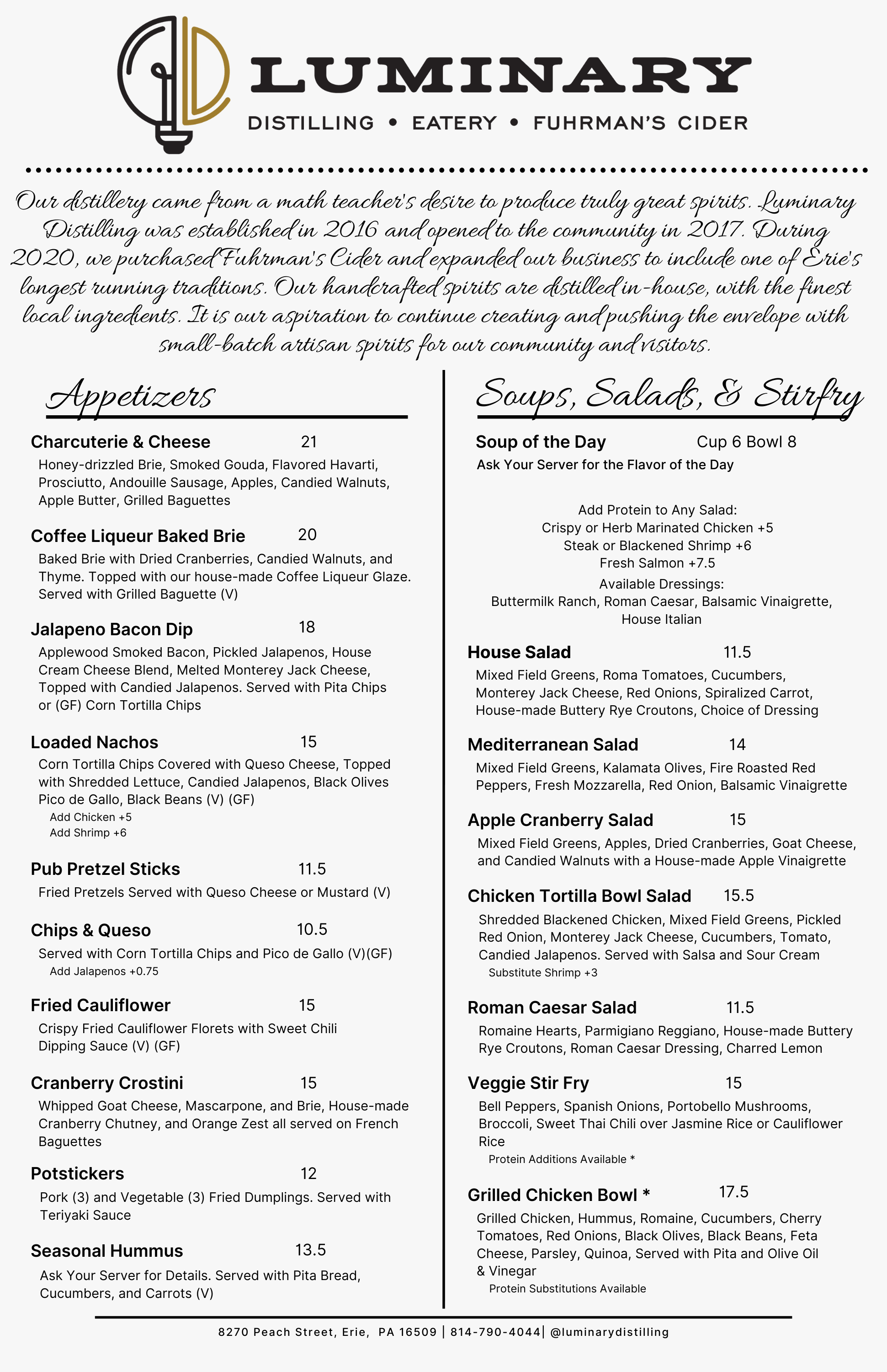 Distillery & Eatery Food Menus - Luminary Distilling, LLC