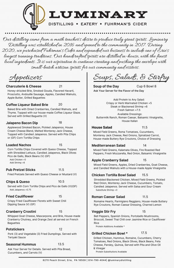 Distillery & Eatery Food Menus - Luminary Distilling, LLC
