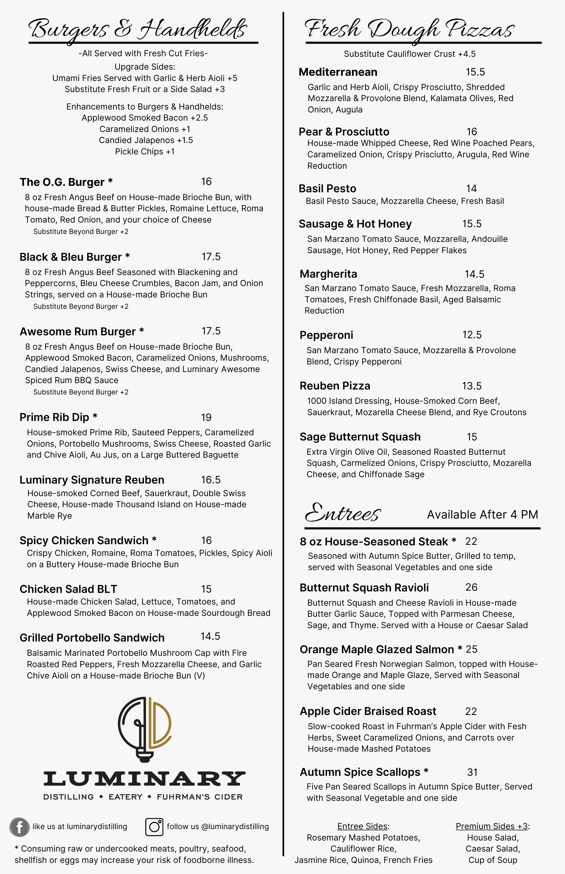 Distillery & Eatery Food Menus - Luminary Distilling, LLC