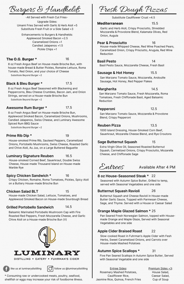 Distillery & Eatery Food Menus - Luminary Distilling, LLC