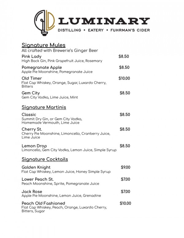 Cocktails & Bottle Shop Drink Menus - Luminary Distilling, LLC