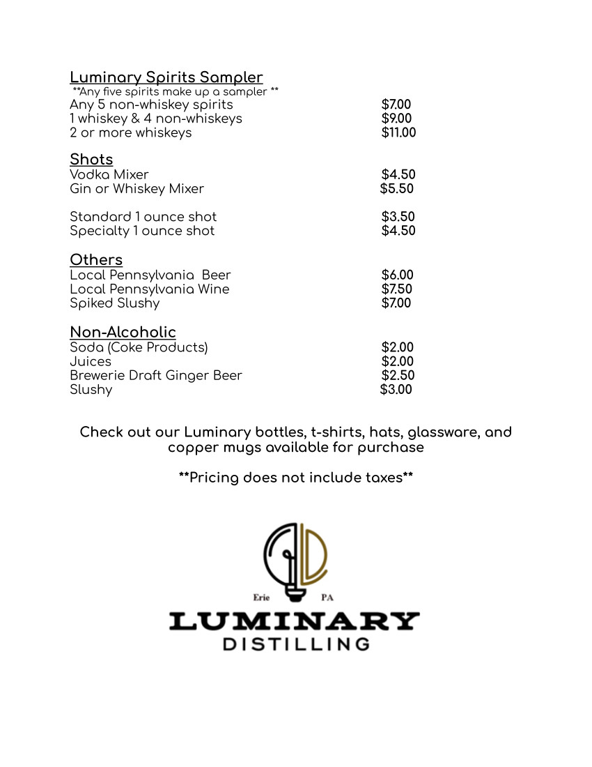 Cocktails & Bottle Shop Drink Menus - Luminary Distilling, LLC