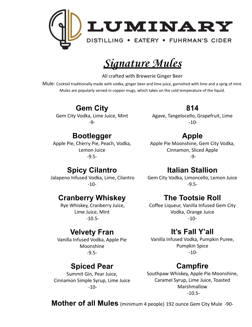 Distillery & Eatery Drink Menus - Luminary Distilling, LLC
