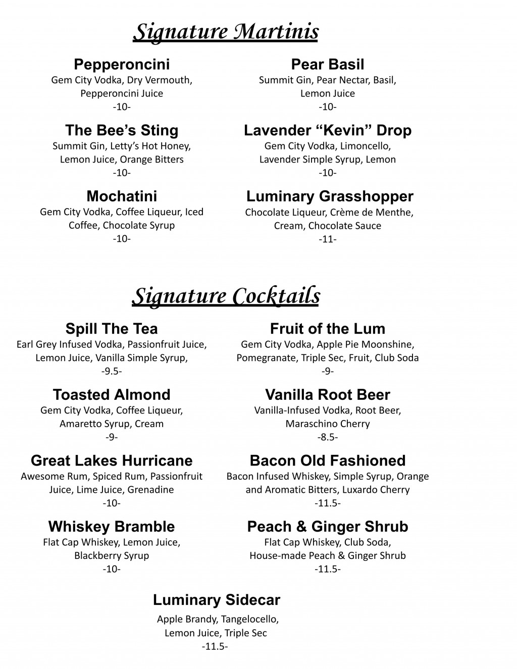 Distillery & Eatery Drink Menus - Luminary Distilling, LLC