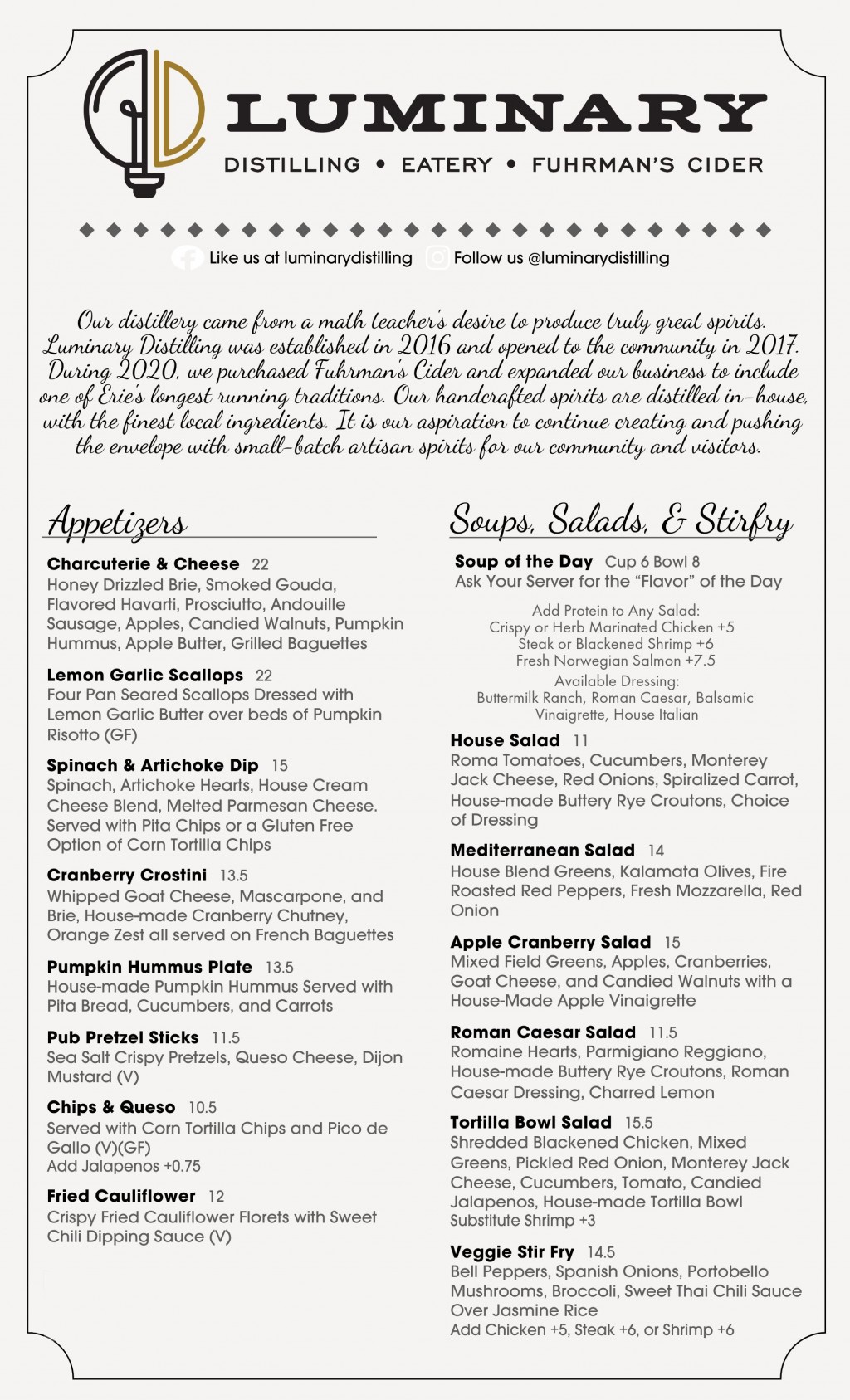 Distillery & Eatery Food Menus - Luminary Distilling, LLC