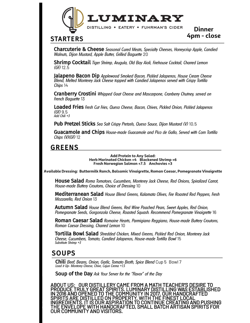 Distillery & Eatery Food Menus - Luminary Distilling, LLC