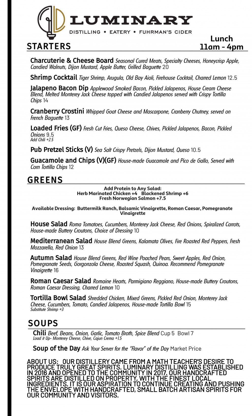 Distillery & Eatery Food Menus - Luminary Distilling, LLC