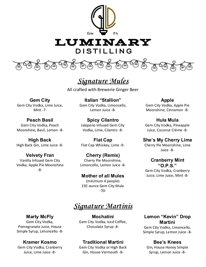 Distillery & Eatery Drink Menus - Luminary Distilling, LLC