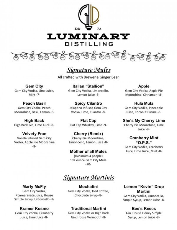 Distillery & Eatery Drink Menus - Luminary Distilling, LLC