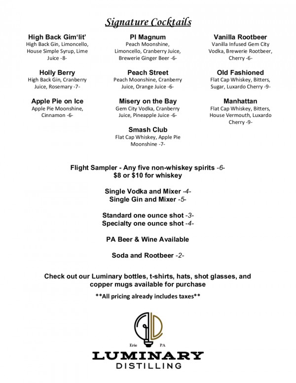 Distillery & Eatery Drink Menus - Luminary Distilling, LLC