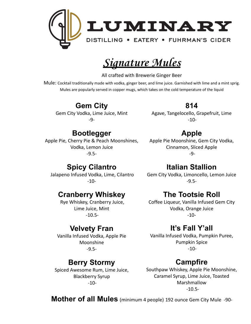 Distillery & Eatery Drink Menus - Luminary Distilling, LLC