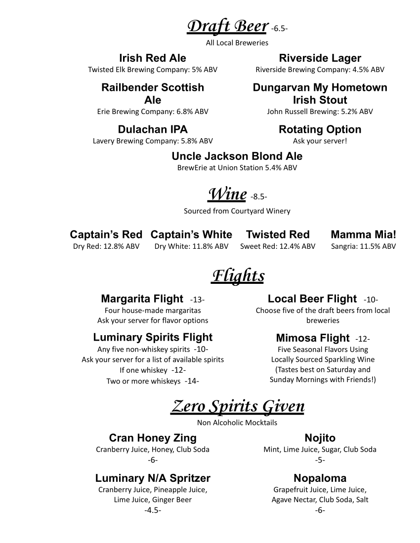 Distillery & Eatery Drink Menus - Luminary Distilling, LLC