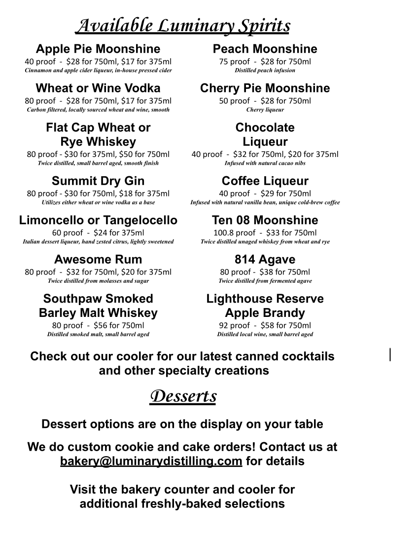 Distillery & Eatery Drink Menus - Luminary Distilling, LLC