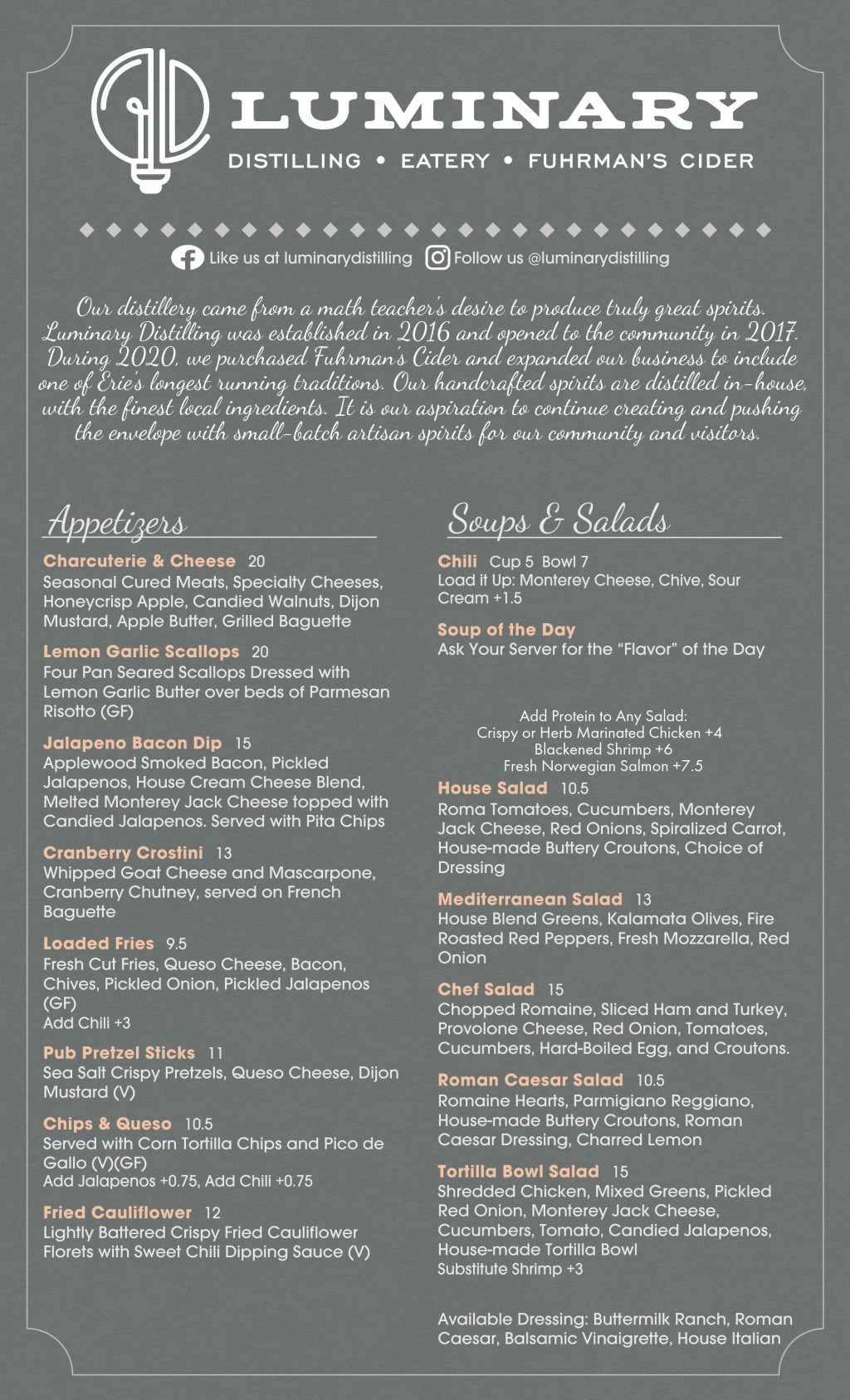 Distillery & Eatery Food Menus - Luminary Distilling, LLC
