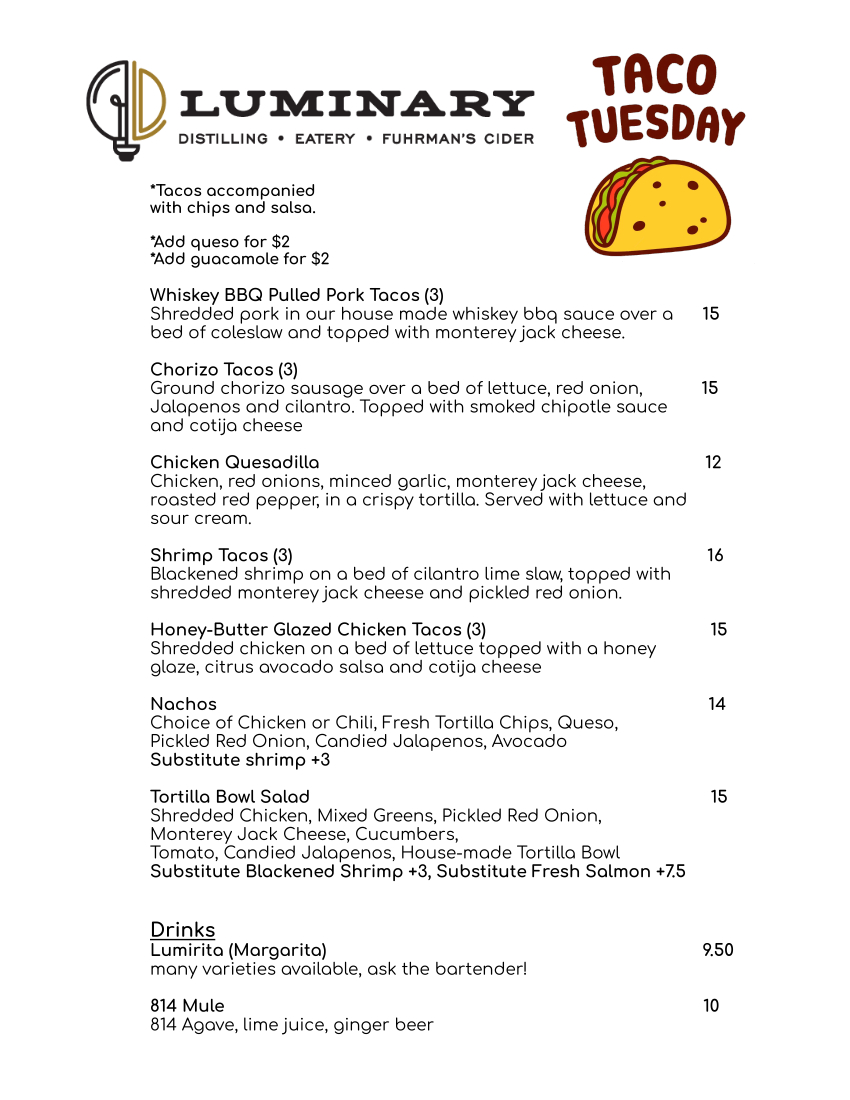 Distillery & Eatery Food Menus - Luminary Distilling, LLC